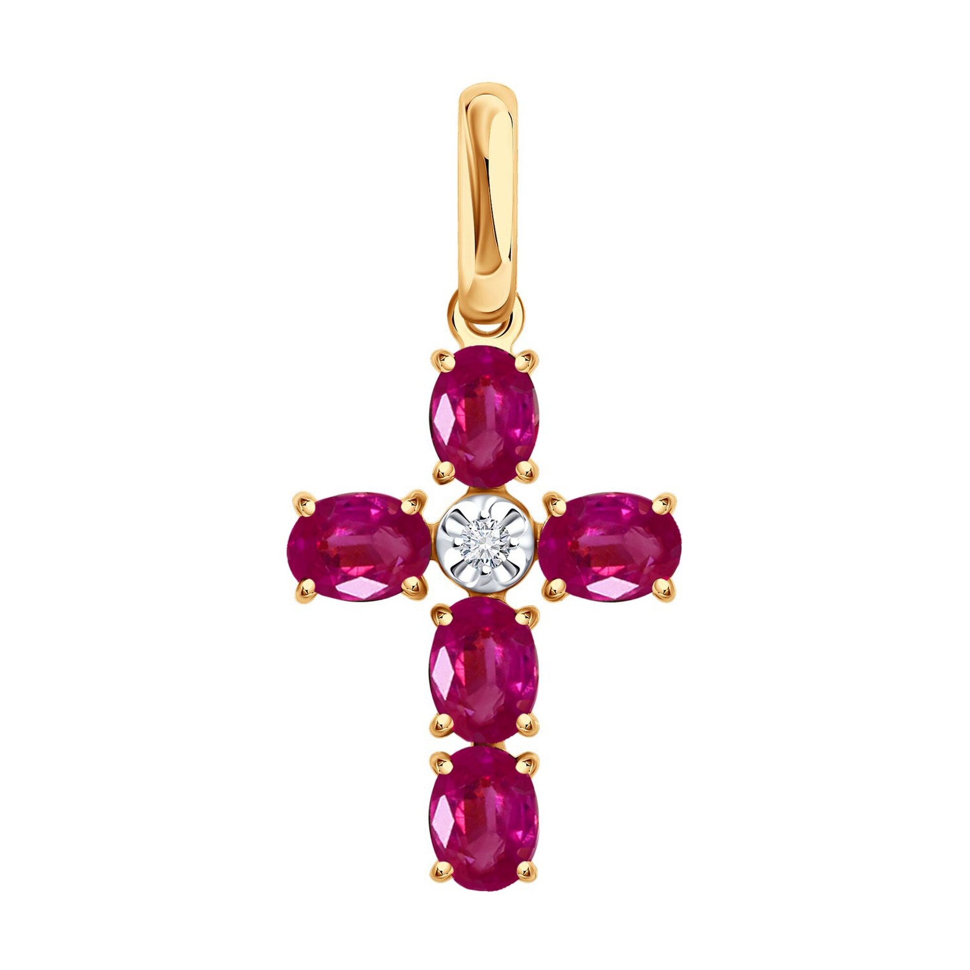 Крестик, красное золото, 585 проба, бриллиант, рубин