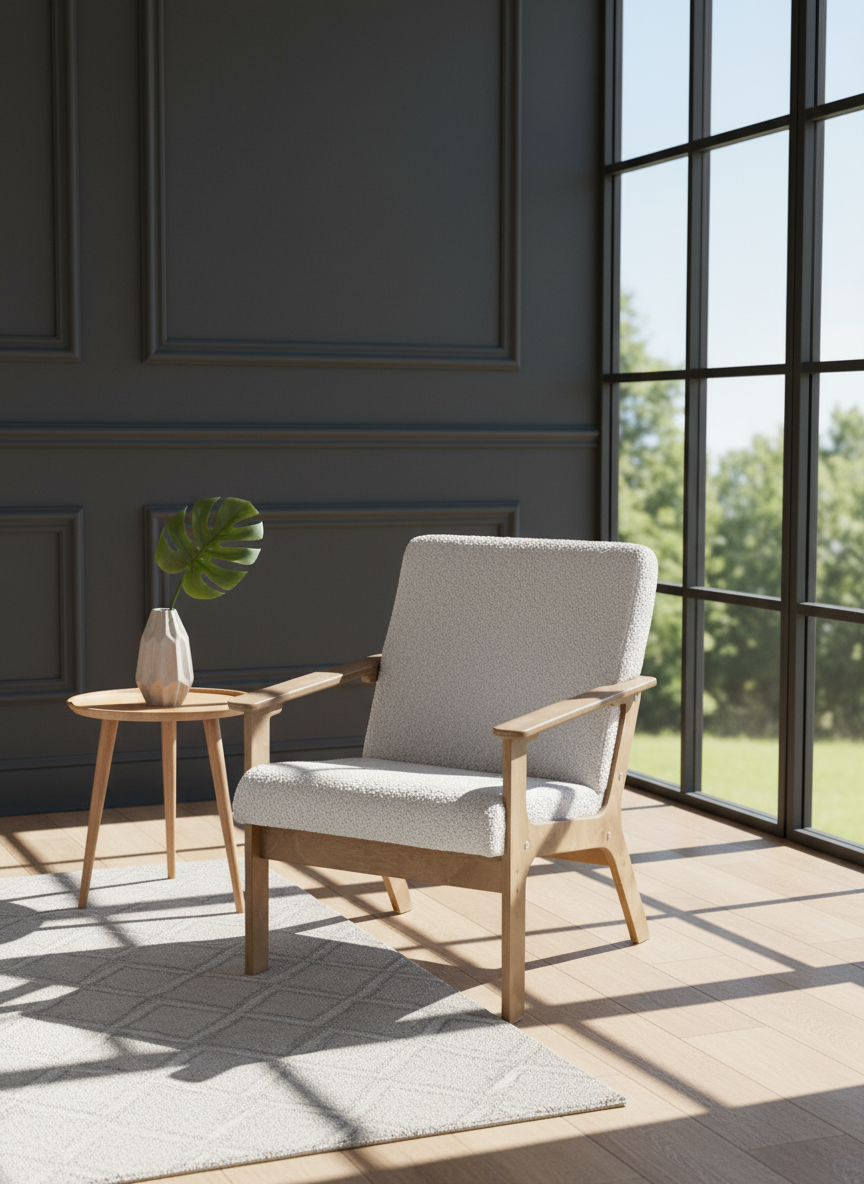 Кресло для отдыха "Ретро мини" от "Мягкой посадки" с низкой спинкой, обивка серое букле + светлые ножки