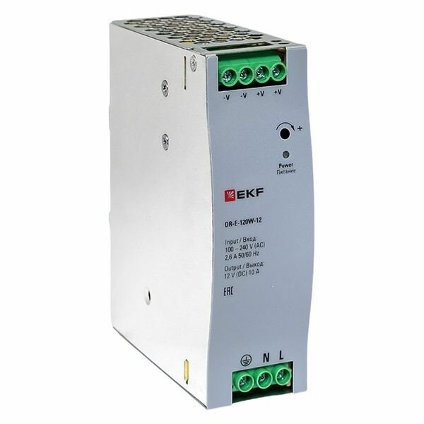 Блок питания на DIN-рейку 120Вт Uвх ~ 220В AC Uвых - 12В DC постоянного тока, EKF DR-E-120W-12 (1 шт.)