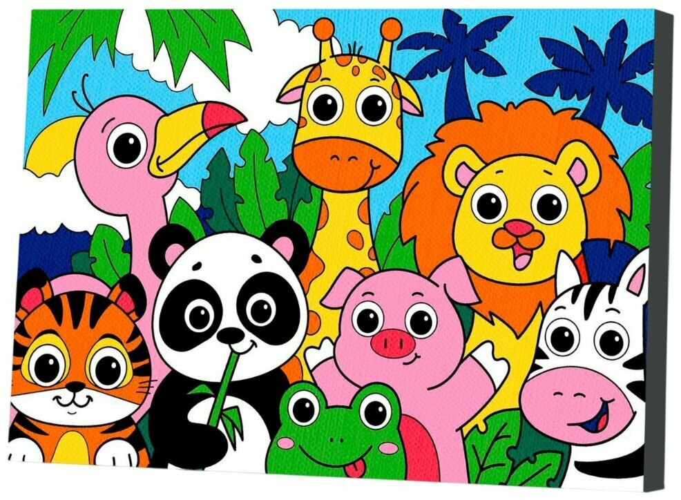Картина по номерам "Яркие зверята" на холсте с подрамником, раскраска для детей, набор для творчества, живописи и рисования, в комплекте морозостойкие краски 10 цветов, 20х30 см