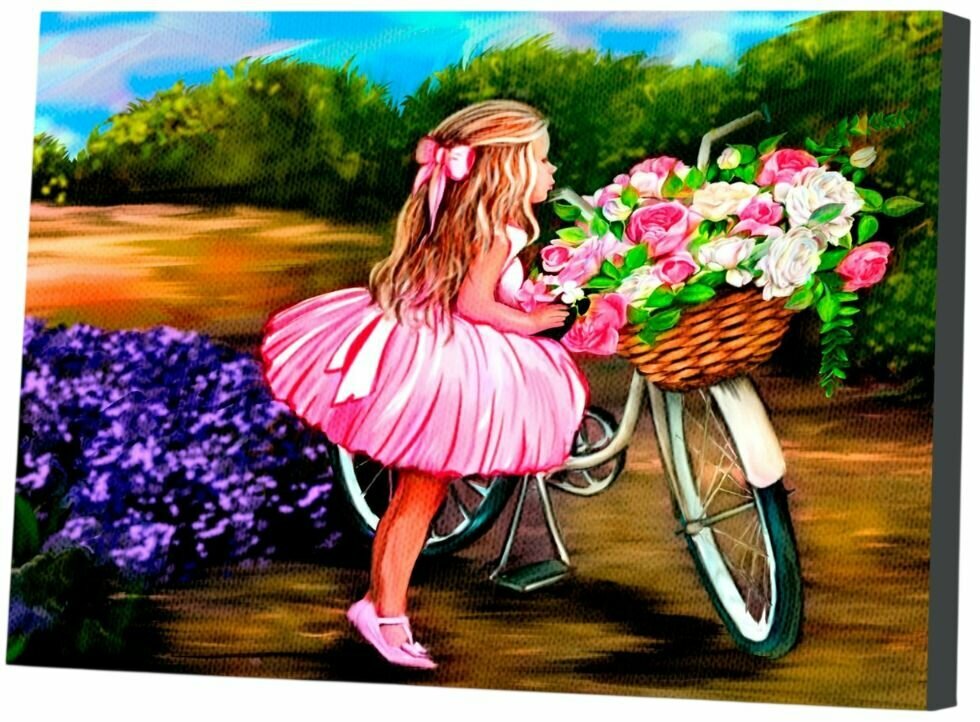 Картина по номерам "Девочка с велосипедом" на холсте с подрамником, раскраска для детей, набор для творчества, живописи и рисования, в комплекте морозостойкие краски 24 цветов, 40х50 см