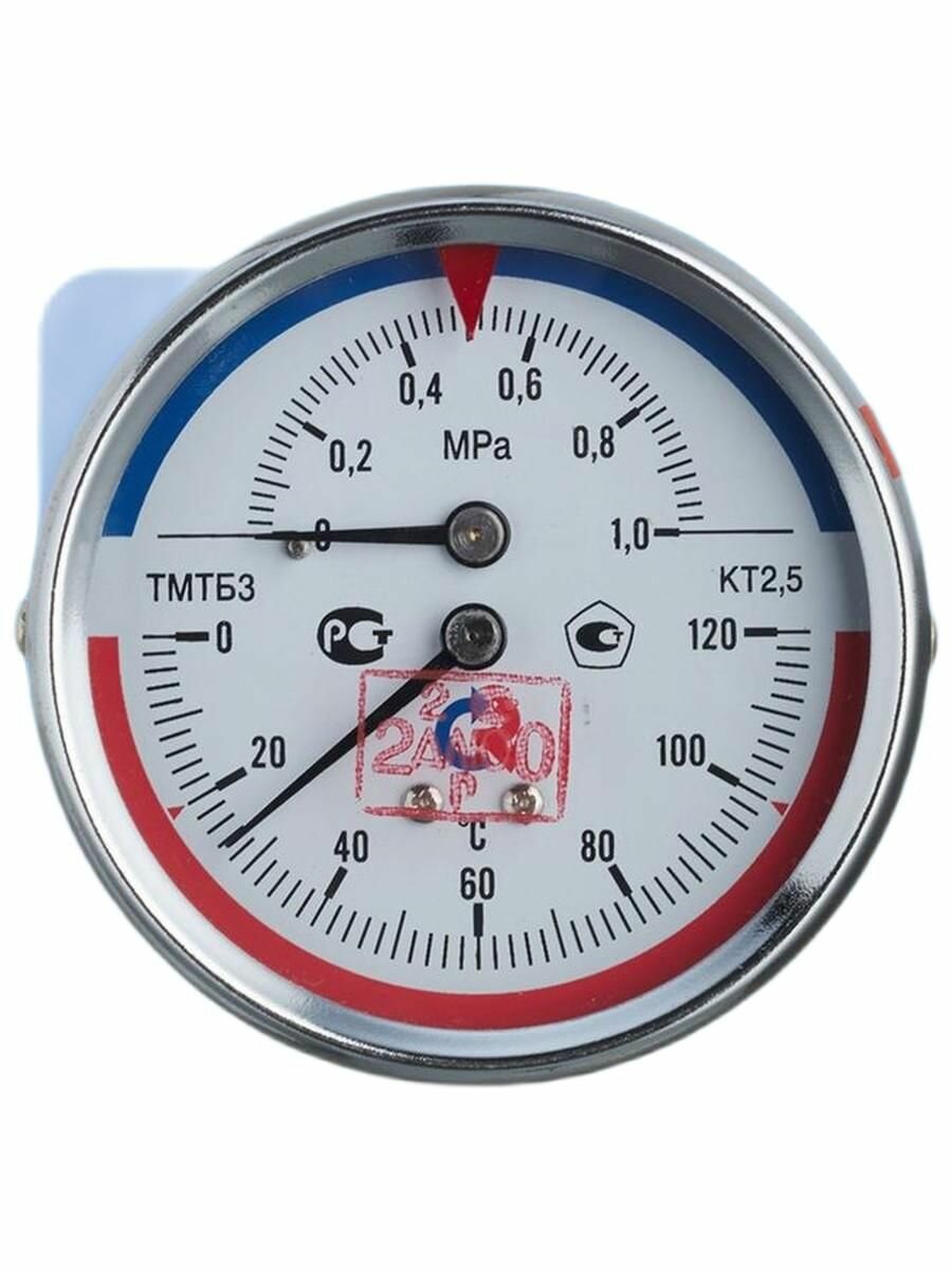 Термоманометр аксиальный (Росма) ТМТБ-31Т.1(0-120С)(0-1MPa)G1/2.2,5 (0-10 бар, 0-120 С) 80мм