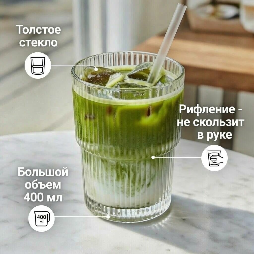 Набор стаканов рифлёных стеклянных 400 мл 2 шт толстое стекло высокие для кофе латте смузи коктейлей