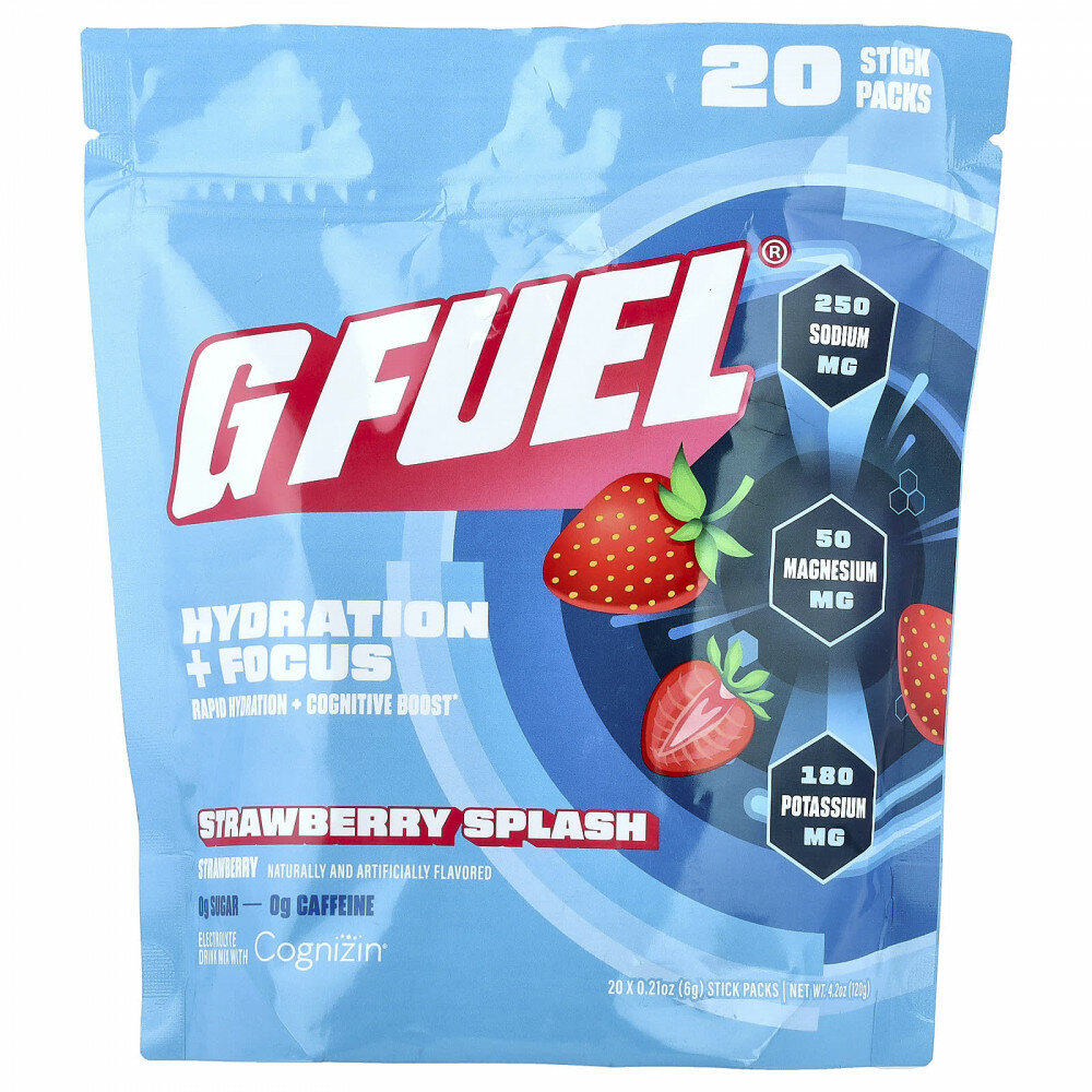 G FUEL, Hydration + Focus, смесь для приготовления электролитического напитка с Cognizin®, со вкусом клубники, 20 пакетиков-стиков по 6 г (0,21 унции)