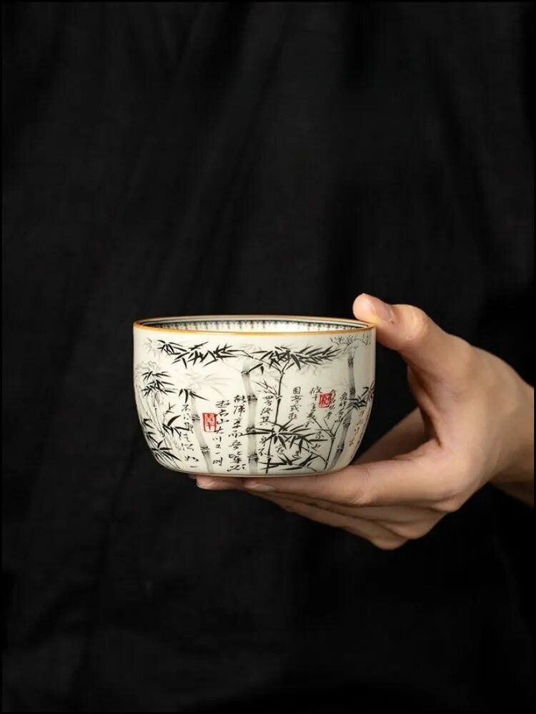Кружка керамическая с рисунком бамбука и иероглифами 148 мл, 1 шт, для чая
