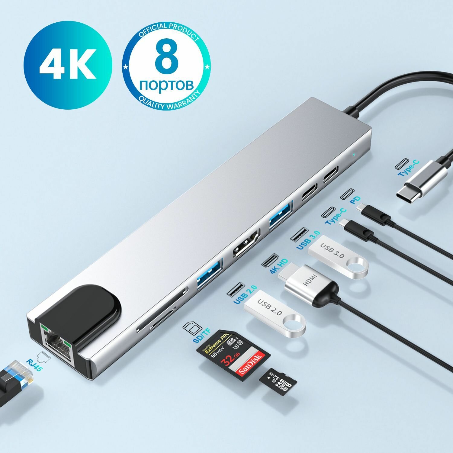 USB разветвитель 8 в 1 USB HUB Type C док станция Usb 3.0 хаб 3 0 переходник концентратор thunderbolt 4k Hdmi RJ45 TF SD картридер для ноутбука USB-2.0 Type-c аксессуары для пк