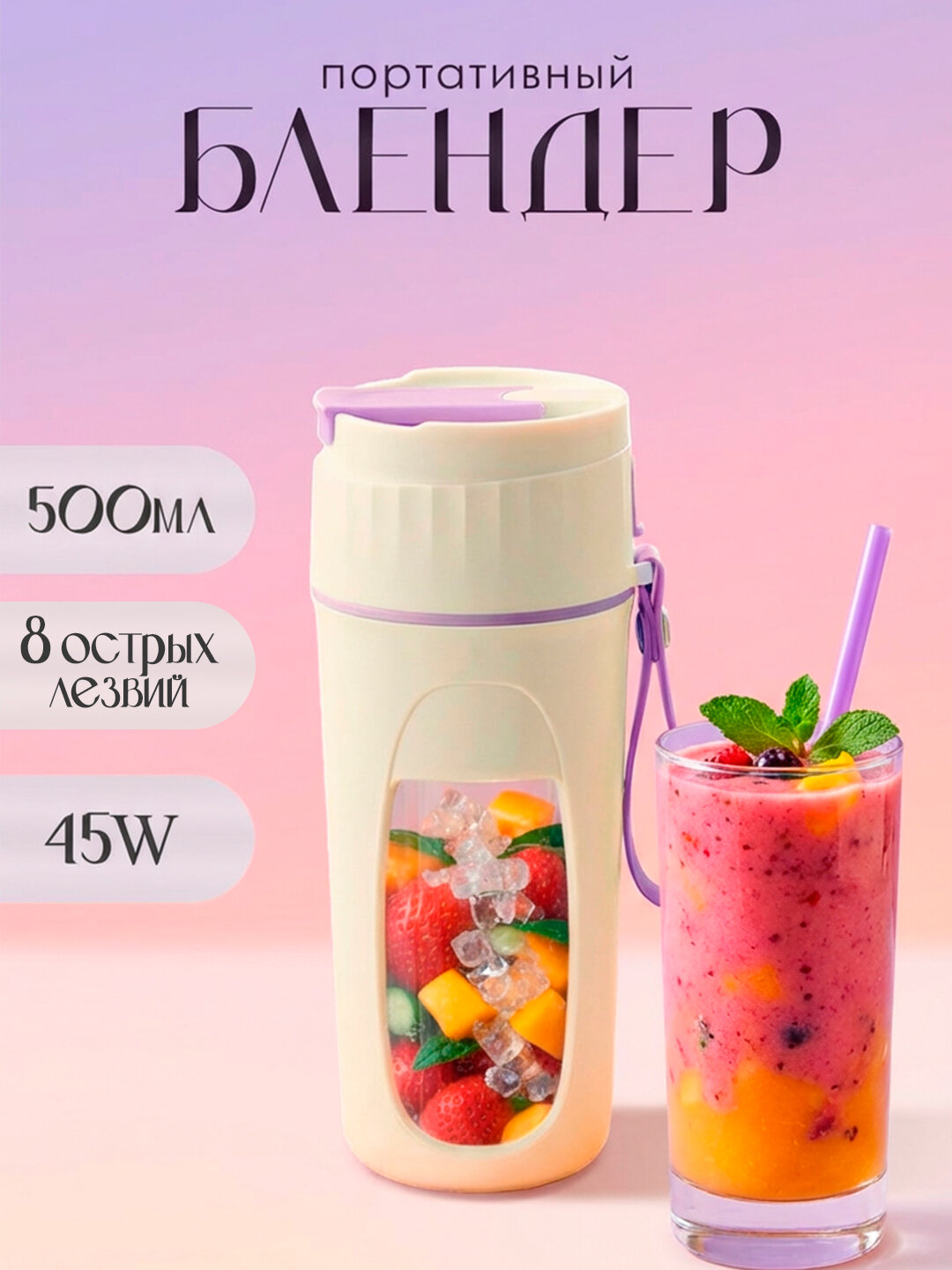 Портативный блендер беспроводной для смузи и коктейлей 500мл, мини блендер стакан-измельчитель, в подарок