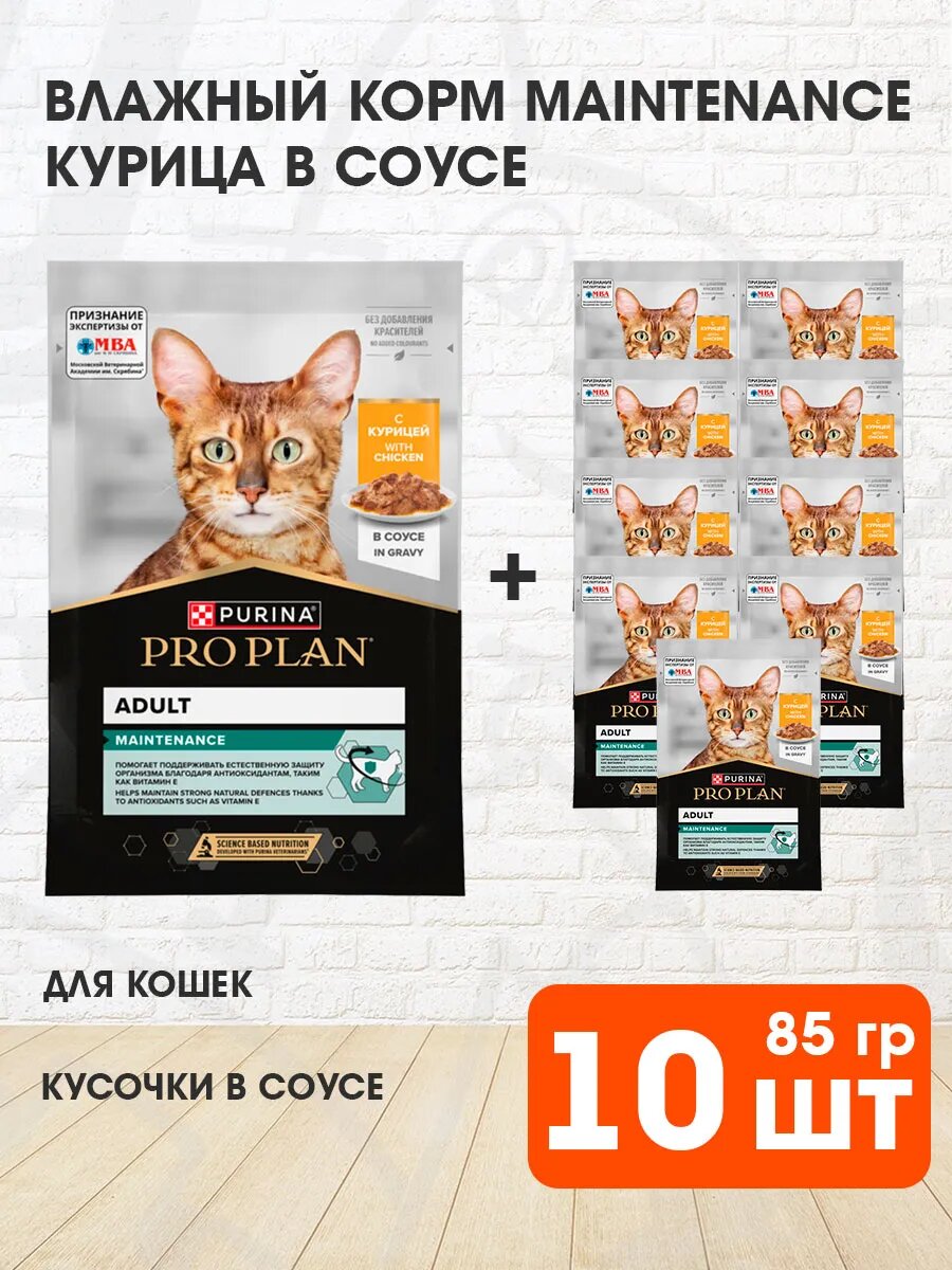 Корм влажный Pro Plan Maintenance для взрослых кошек, курица в соусе, 85 г 10 шт