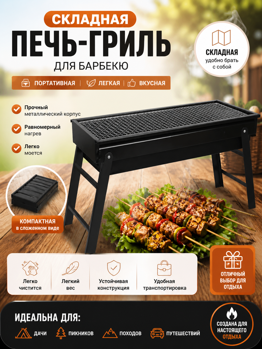 Складной мангал для шашлыка, барбекю