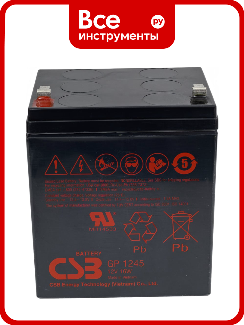 Аккумулятор CSB GP1245 (12В, 4.5 Ач) для ИБП с технологией AGM, прямая полярность, размеры 70x106x90 мм, вес 1.34 кг, ма