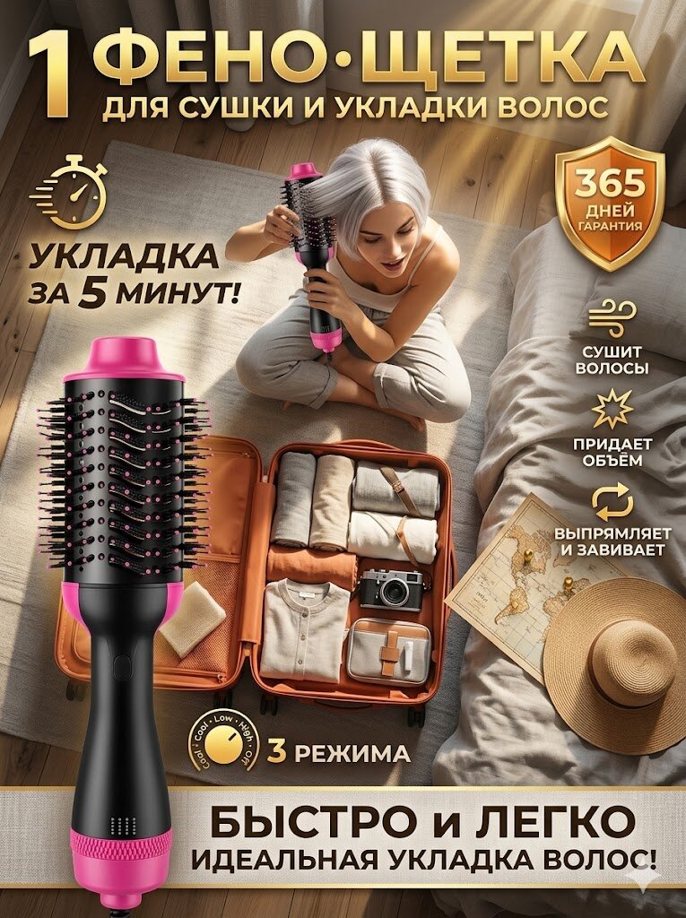 Фен-щетка для волос / Расческа с ионизацией One Step Фен-щётка (расчёска-фен) для волос Hair Dryer 3 в 1