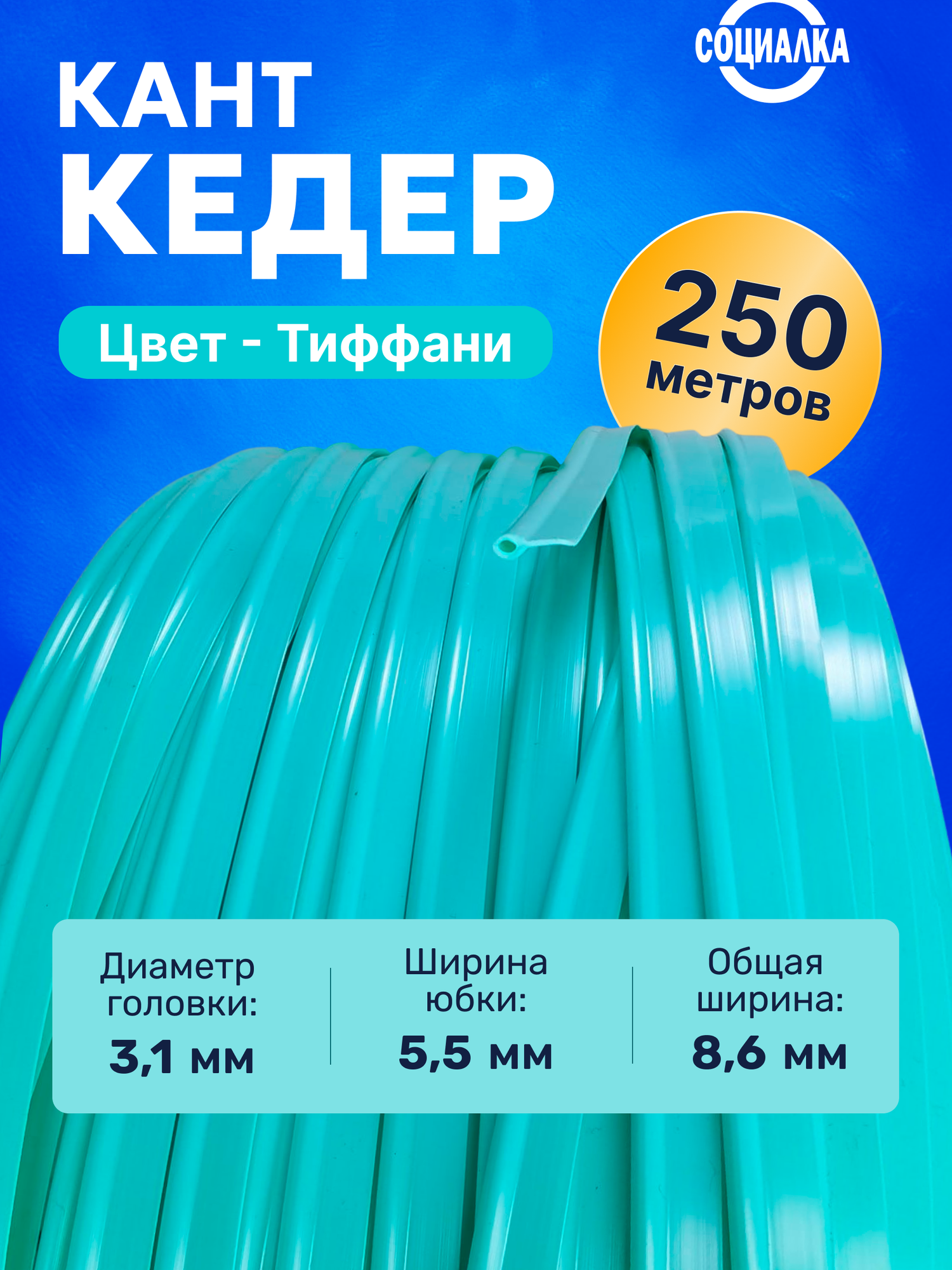 Кедер (кант, жилка) для сумок, авточехлов и одежды, намотка 250м, тиффани/размер: ширина головки 3,1мм; длина юбки 5.5мм