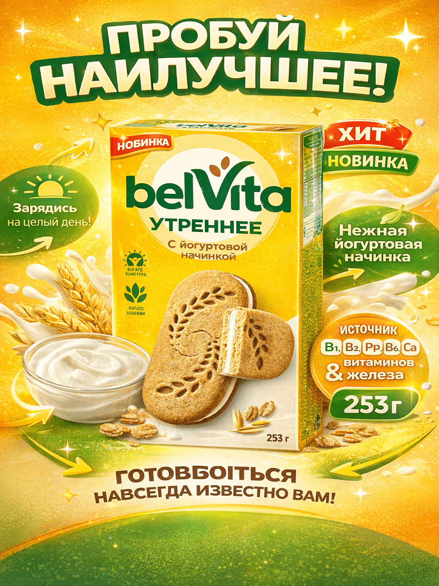 Печенье BELVITA Утреннее с йогуртовой начинкой, 253г