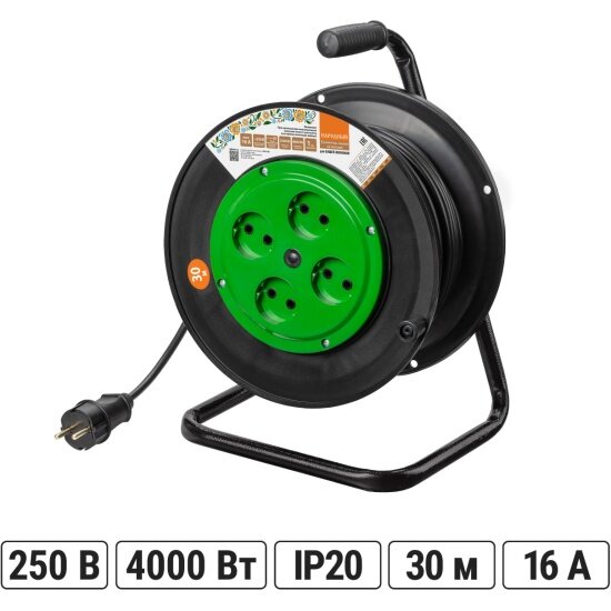 Удлинитель на катушке силовой Tdm Electric народный 4 гнезда ПВС 4000 Вт б/з, 30м, SQ1307-0543