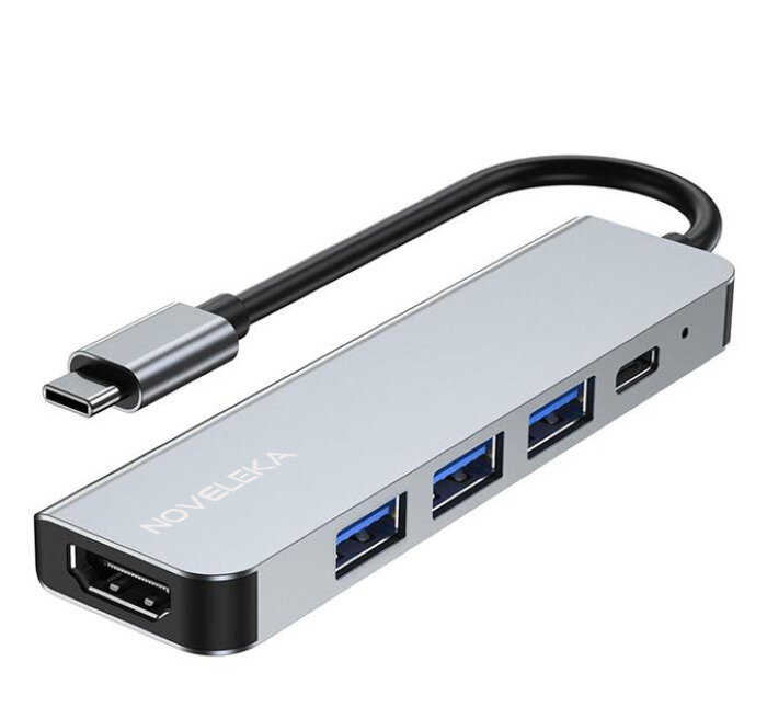 Переходник Type-C HDMI хаб USB концентратор Hub 5-портов: 3*USB 3.0, HDMI, Type-C, NOVELEKA, серебристый