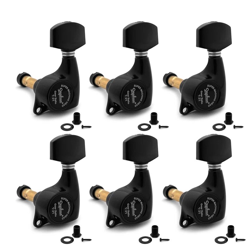 GETMUSIC SAPHUE Гитарные колки с фиксацией струн 1:21 черные Черный, Black 6L