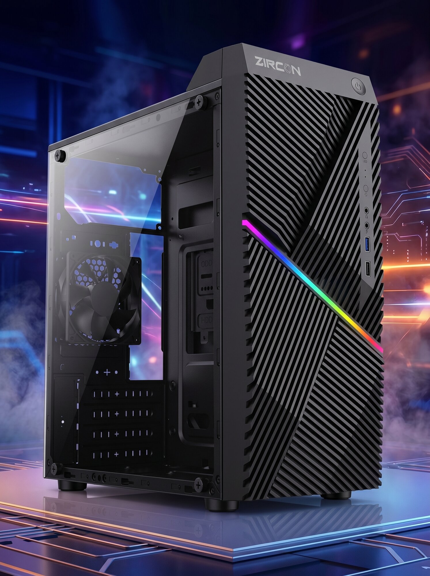 Корпус для ПК Zircon Astra без БП Mini-Tower, Micro-ATX, закаленное стекло, 2*USB, 1*92мм
