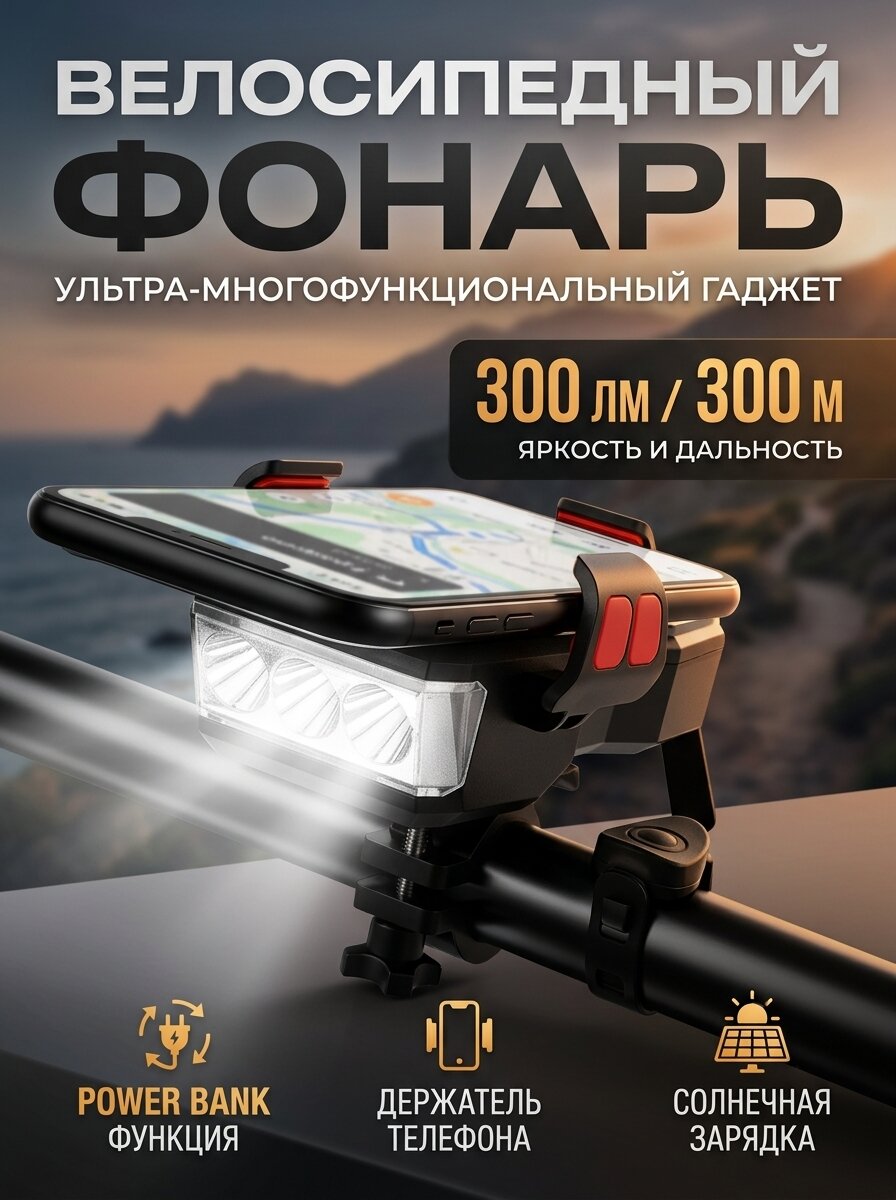 Фонарь велосипедный аккумуляторный светодиодный передний /Велофонарь на руль с зарядкой