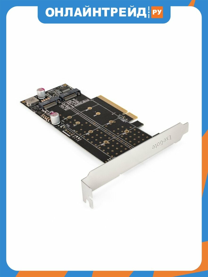 Переходник Exegate EXE-597E2 (2 x M.2 M key -> PCI-E x8 v3.0, для установки двух SSD M.2 2230/2242/2260/2280/22110 M key NGFF в слот PCI-E, материнская плата должна быть c функцией Bifurcation PCI-E)
