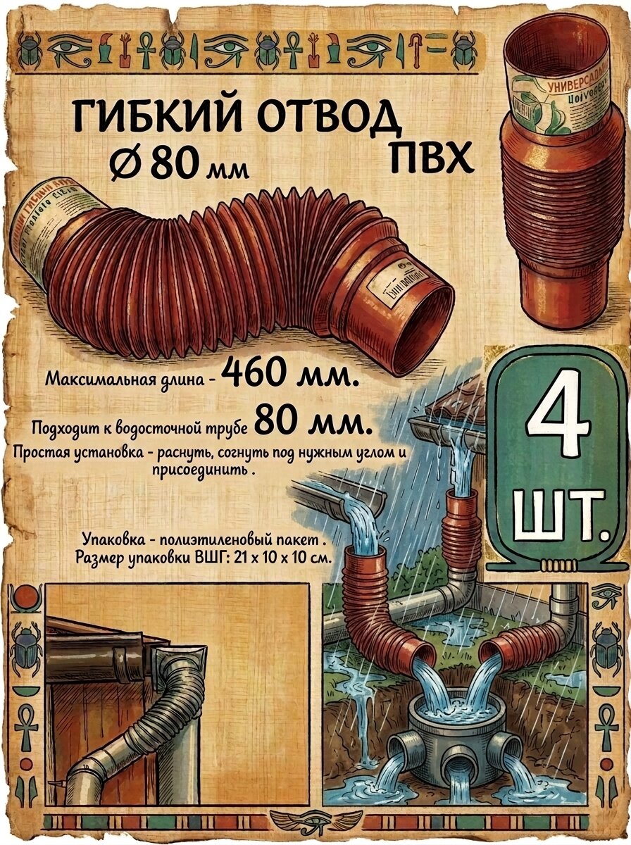 Гибкий отвод PROSELKOV PREMIUM , пластик, 80мм x 46см, 4шт, красный