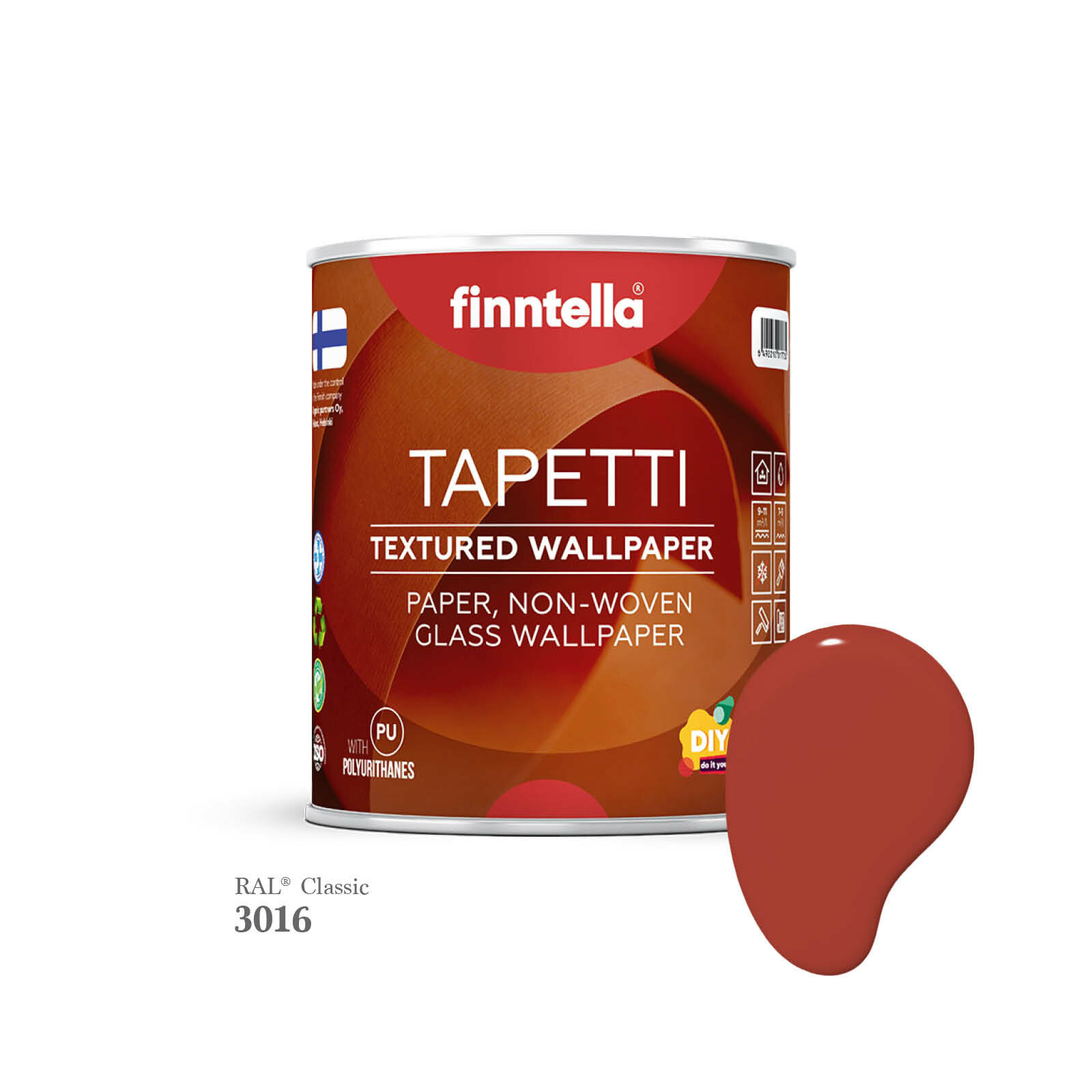 Шелковисто-матовая краска для обоев под окраску TAPETTI SILKKI Matta FINNTELLA, Цвет RAL 3016 Кораллово-красный (CoRAL red), 0,9л