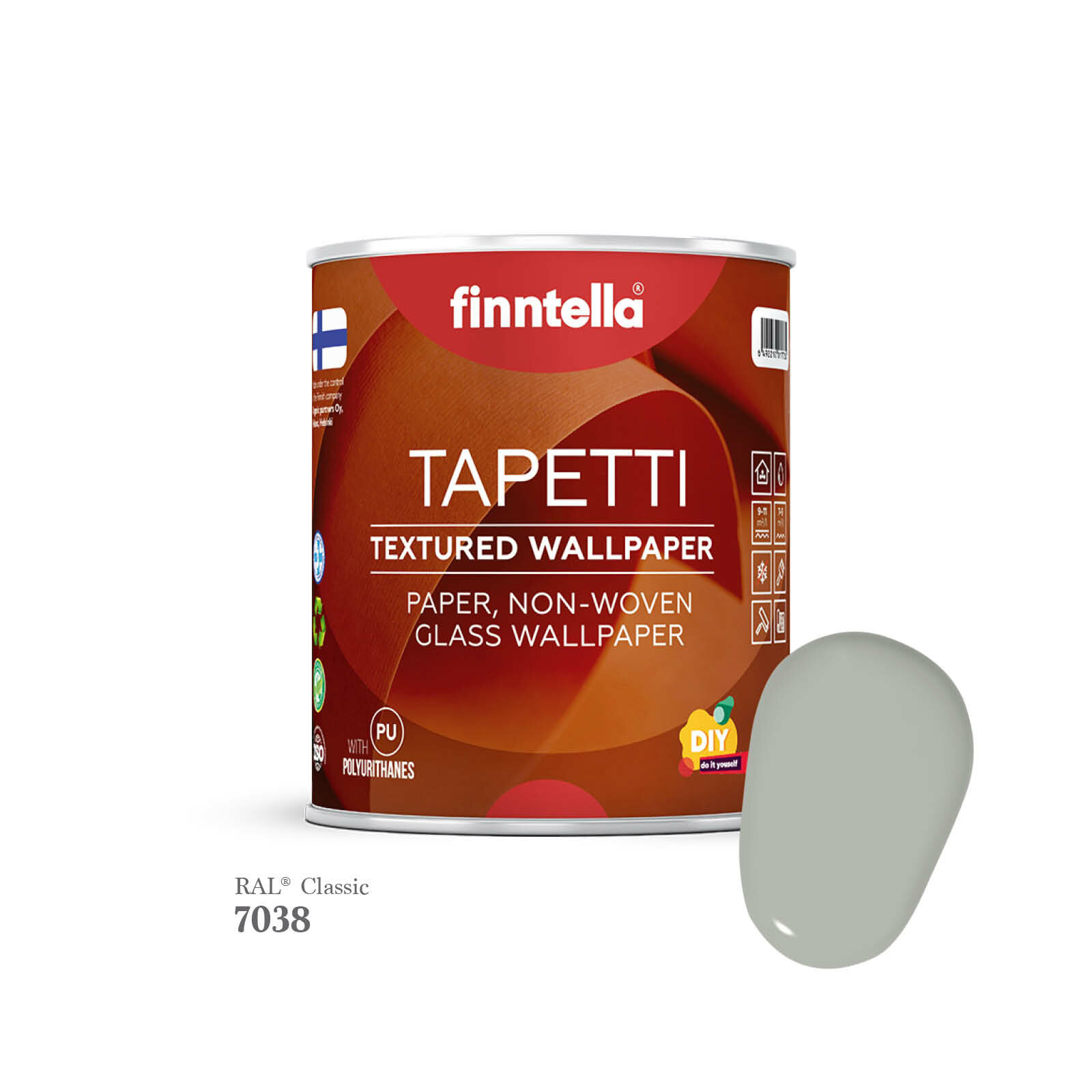 Шелковисто-матовая краска для обоев под окраску TAPETTI SILKKI Matta FINNTELLA, Цвет RAL 7038 Агатовый серый (Agate grey), 0,9л