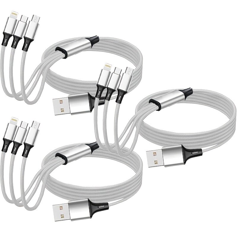 Набор из трех 3-в-1 USB-кабелей для быстрой зарядки, гибкие и прочные, белый цвет, длина 120 см