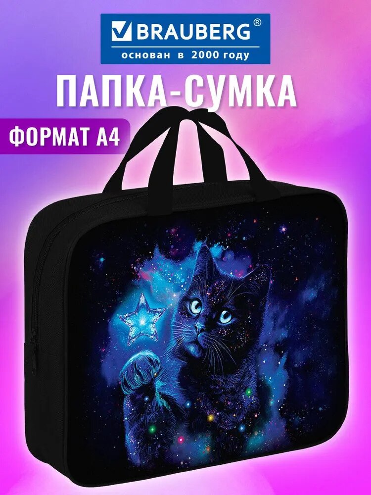 Папка сумка для тетрадей, труда, рисования и изо А4 для девочки на молнии с ручками, канцелярия для школы, 1 отделение 80 мм полиэстер, Brauberg