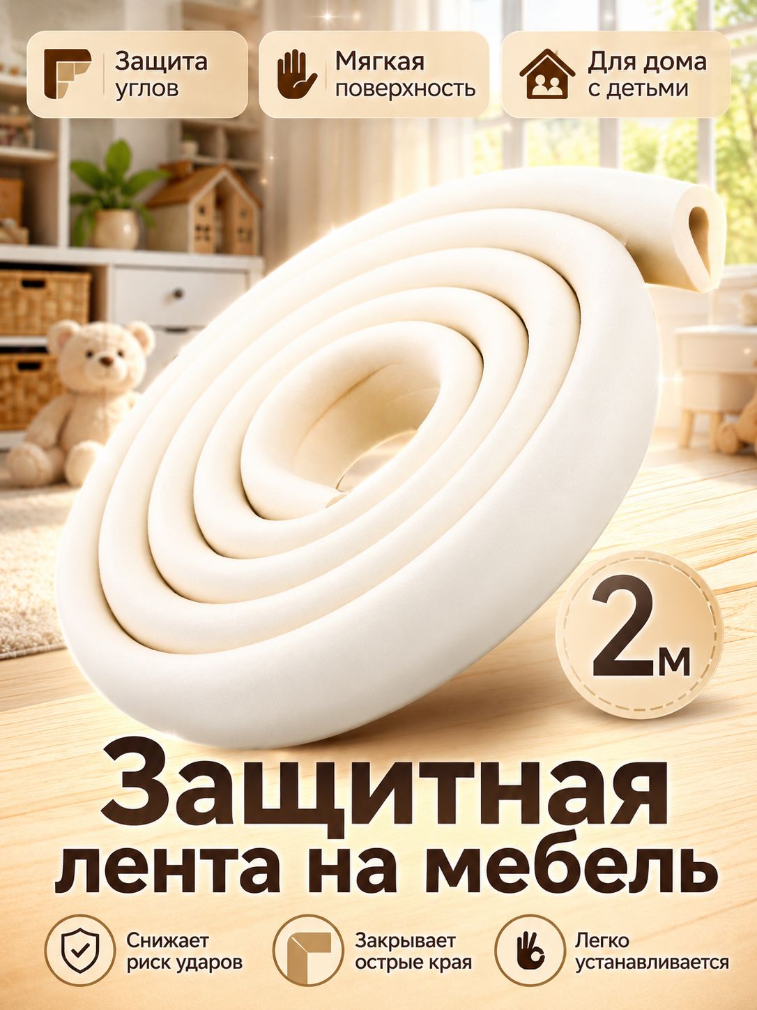 Защитная лента на мебель 2 м, мягкая накладка на углы и края, защита от ударов детей