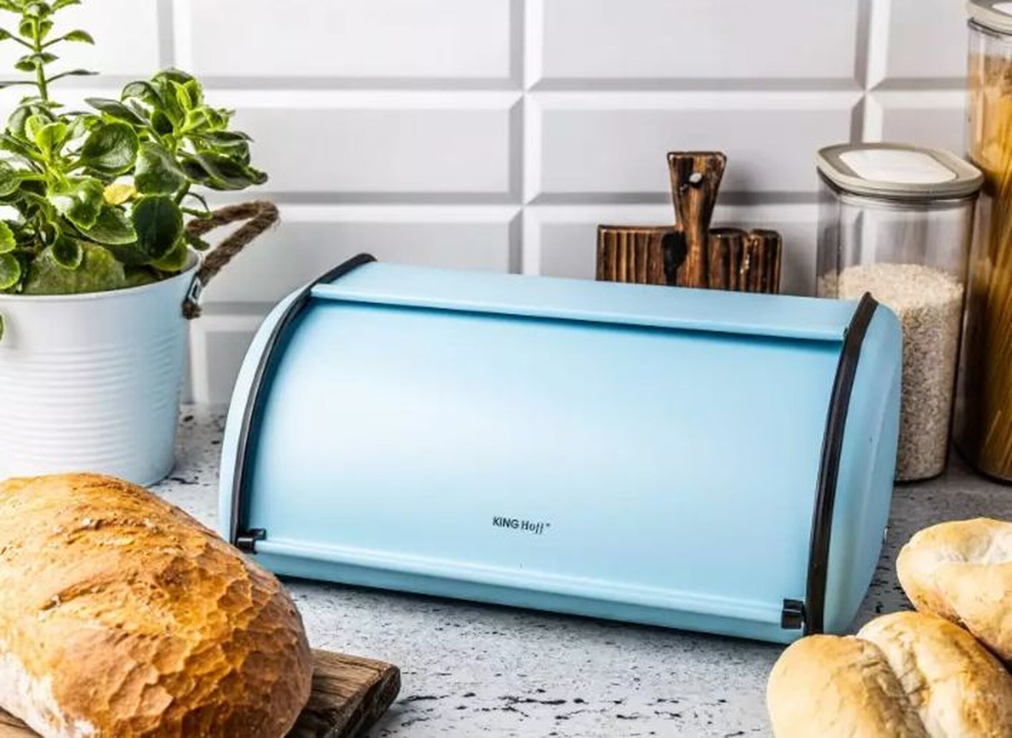 Хлебница KINGHoff 1757, нержавеющая сталь, голубая, настольная, выдвижная крышка
