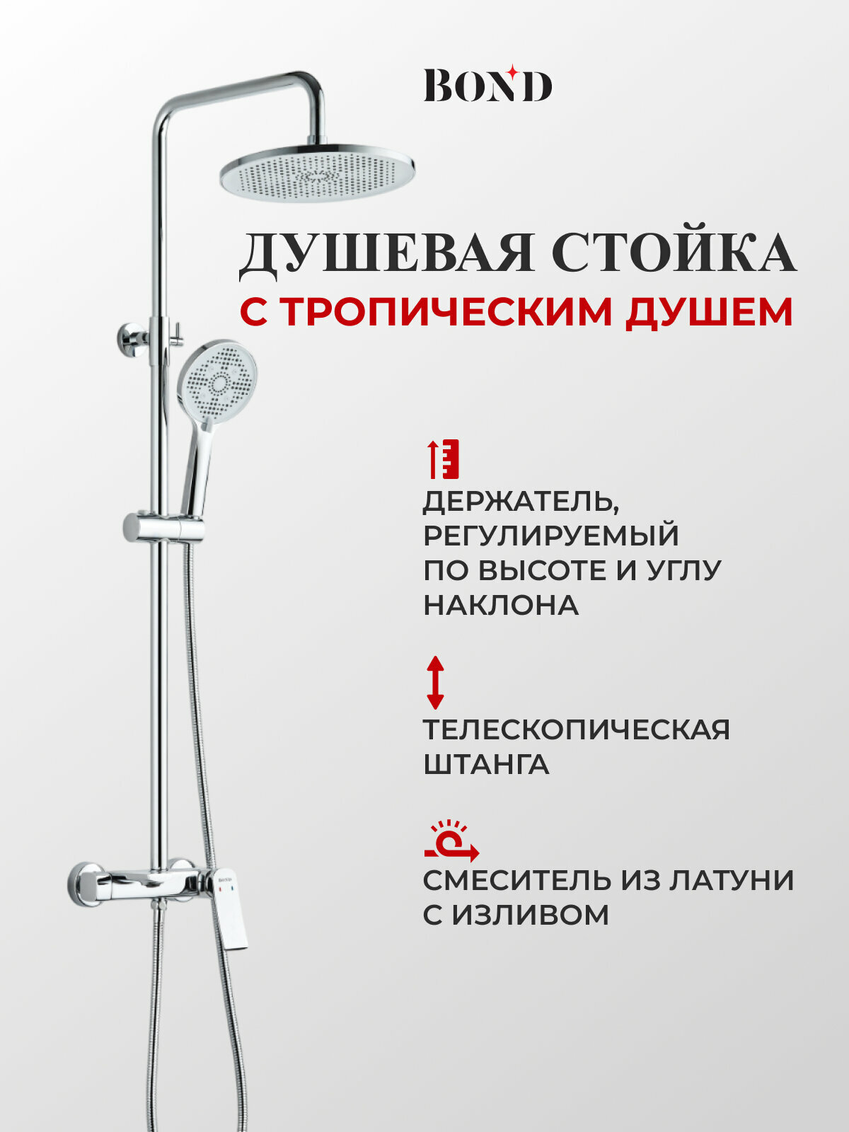 Душевая система BOND B08-9100 с тропическим душем и смесителем с изливом