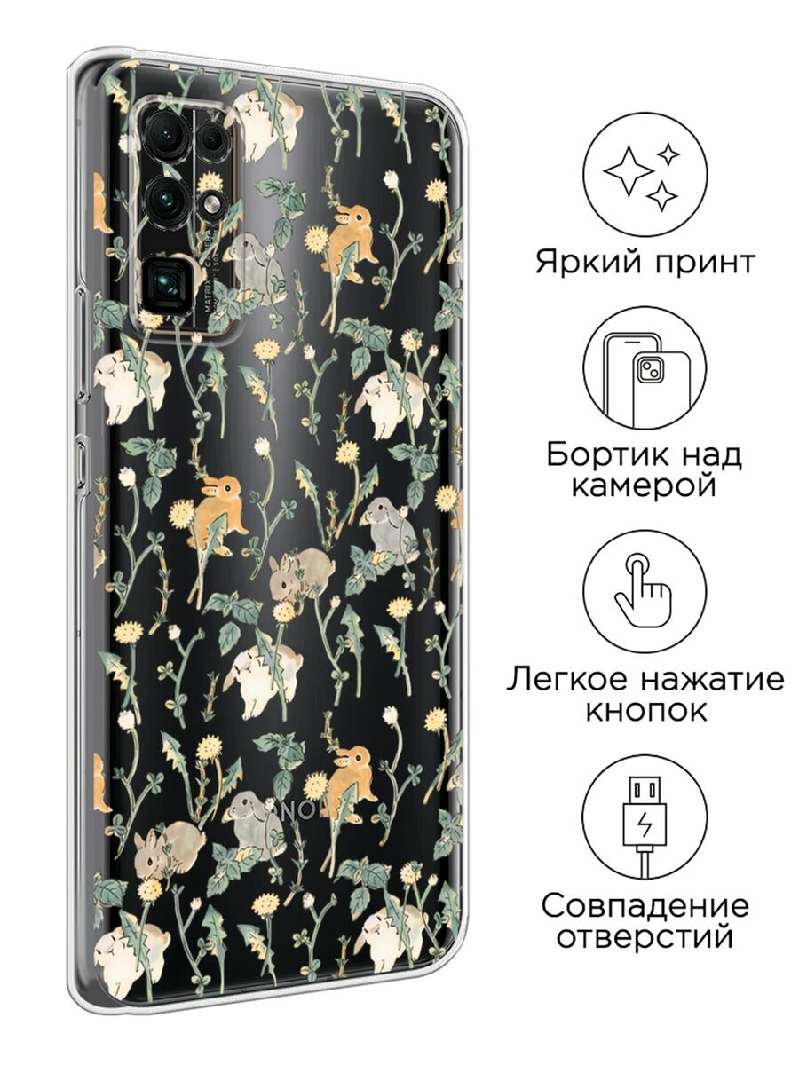 Чехол на Honor 30 / Хонор 30 с принтом "Кролики в одуванчиках", прозрачный — фото 1