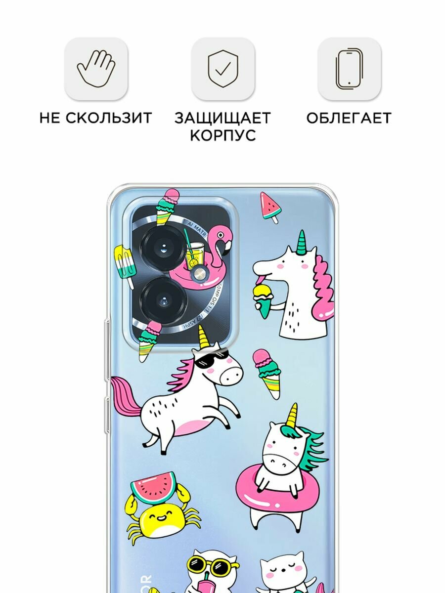Чехол на Honor 100 / Хонор 100 с принтом "Единороги в отпуске", прозрачный — фото 1