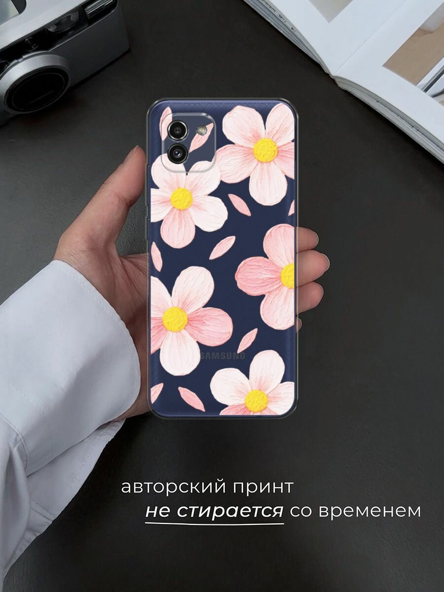 Чехол на Samsung Galaxy A03 / Самсунг Галакси А03 с принтом "Розовые ромашки" — фото 1