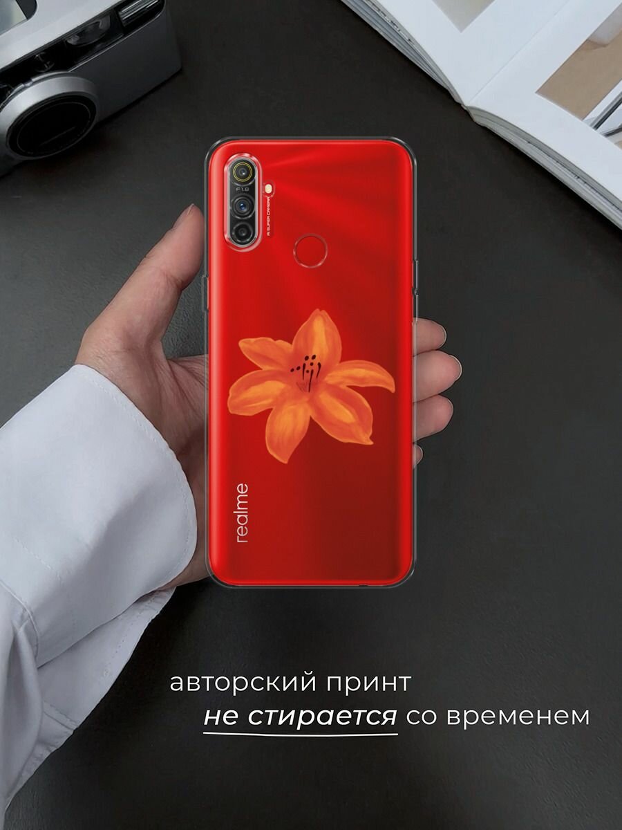 Чехол на Realme C3 / Реалми C3 с принтом "Оранжевый цветок", прозрачный — фото 1