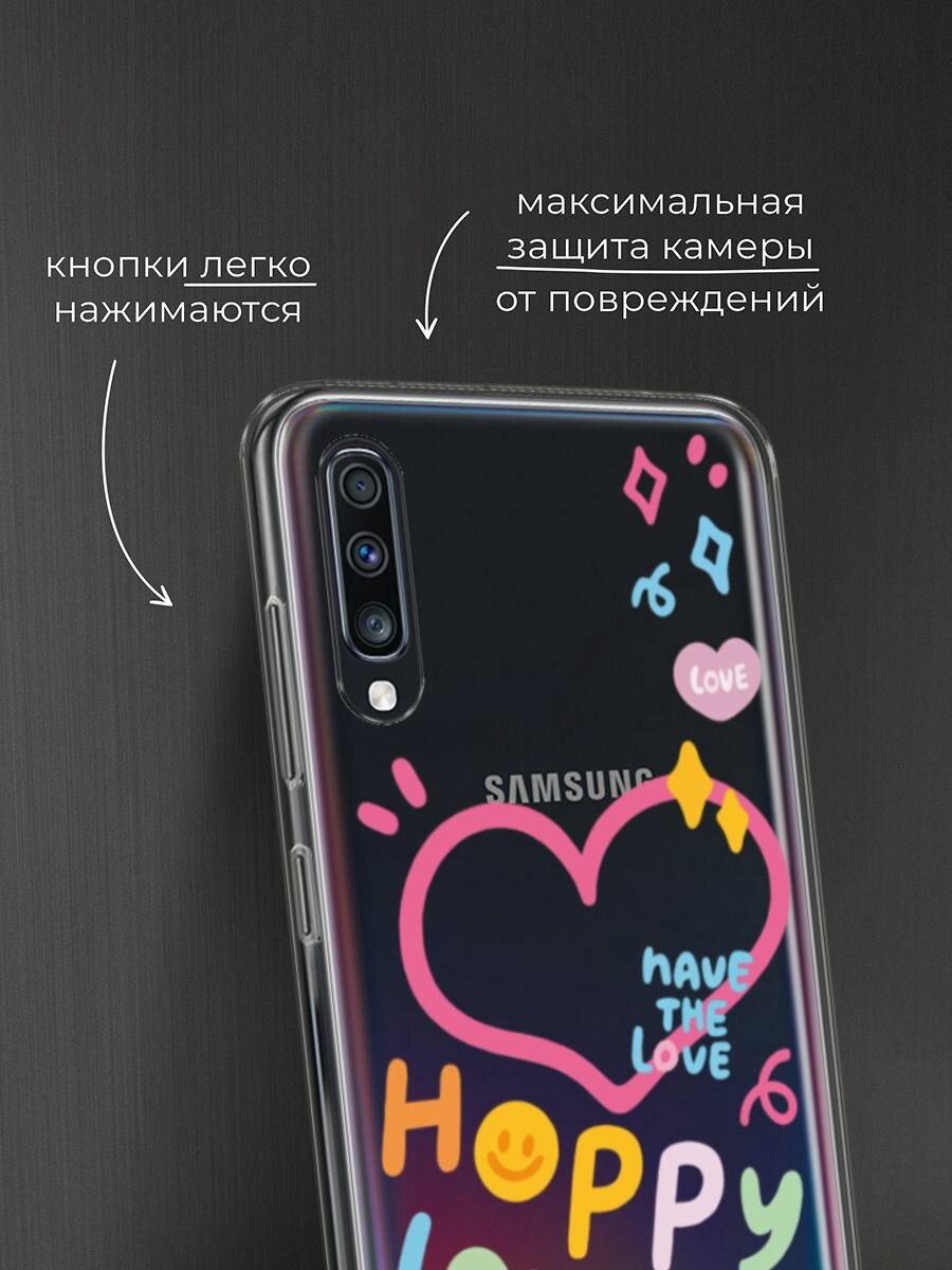 Чехол на Samsung Galaxy A70 / Самсунг Галакси А70 с принтом "Happy lovely", прозрачный — фото 1