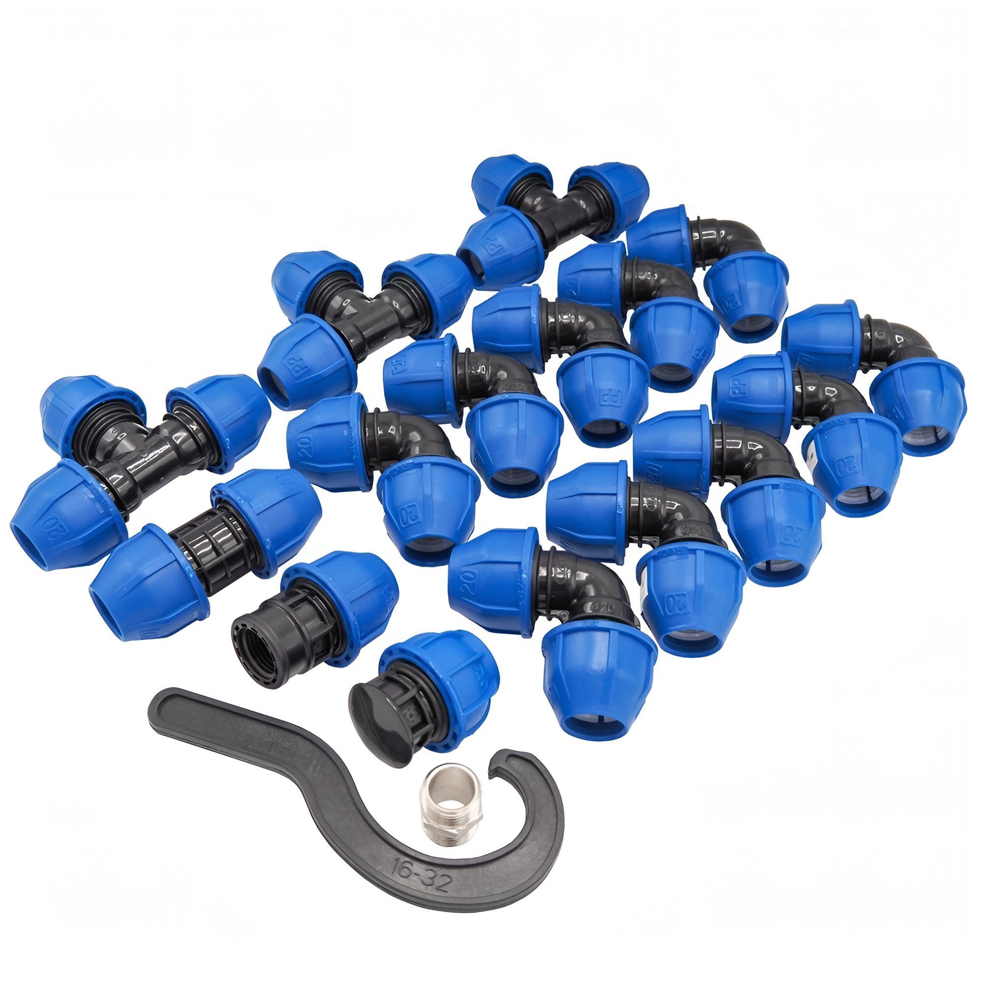 Набор ПНД фитингов для трубы 20 мм, с муфтой. Комплект из 18 элементов