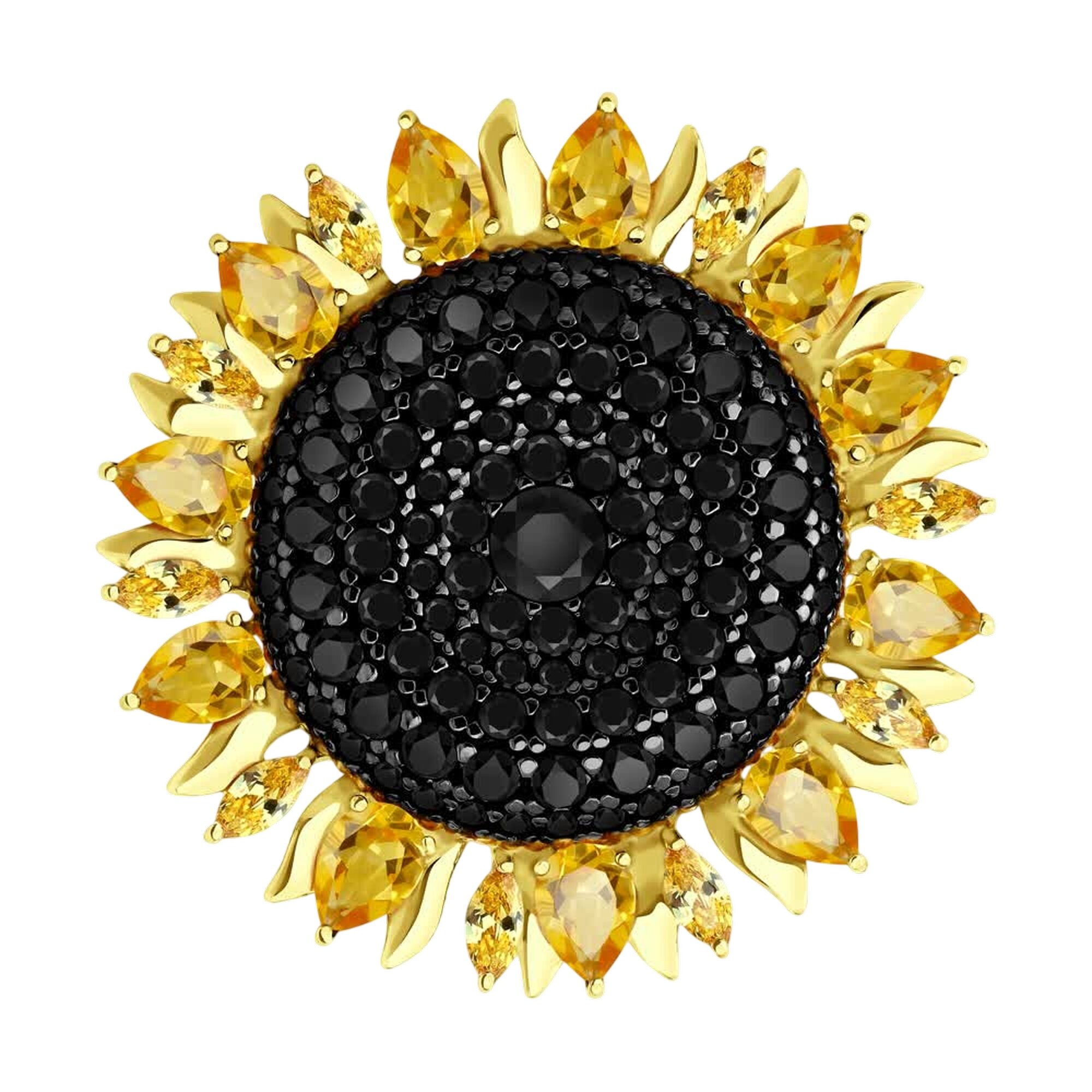 Брошь, серебро, 925 проба, золочение, цитрин, фианит