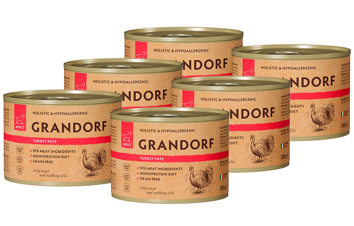 Корм влажный Grandorf для взрослых собак с индейкой, 200 г х 6 шт