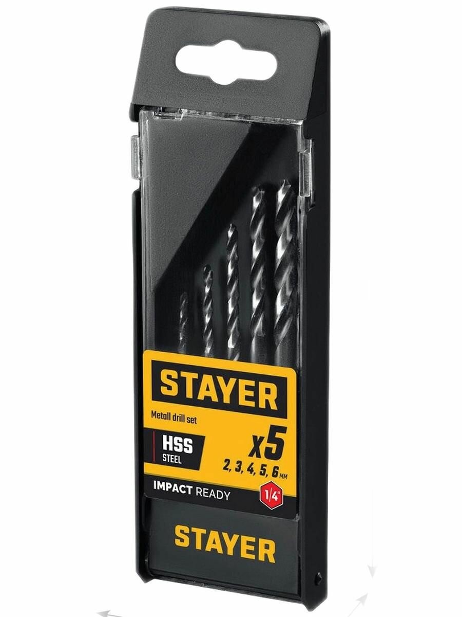 STAYER НЕХ-1/4, 5 шт, набор сверл по металлу для винтовёртов и шуруповертов IMPACT READY