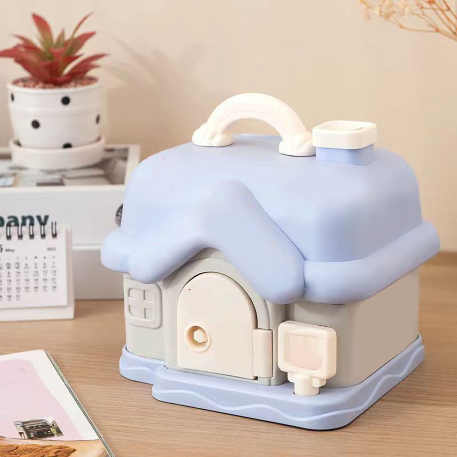 Копилка-свинья в виде домика с рисунком милого коттеджа, большая вместимость, копилка для денег с наклейкой для мальчиков и девочек, светло-голубая