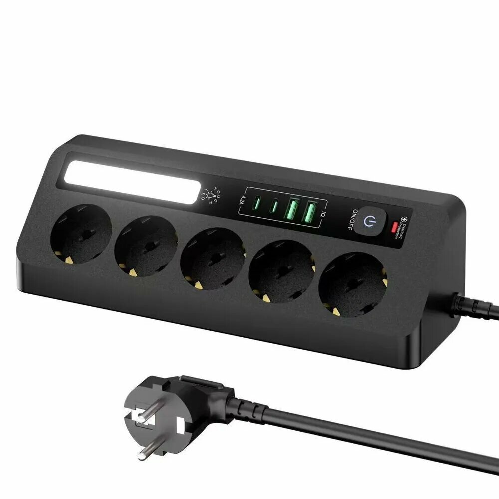 Русский стандартный выключатель-розетка с 5 розетками и 4 USB-разъемами, черный корпус, прочный провод длиной 2 метра, с дизайном LED-ночной подсветки