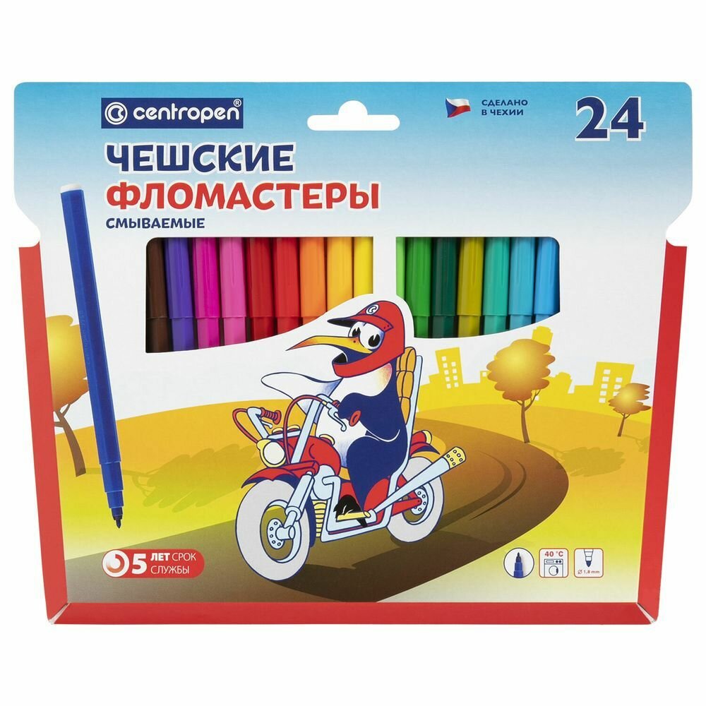Фломастеры 24 цвета CENTROPEN "Пингвины", смываемые, вентилируемый колпачок, 7790/24ET
