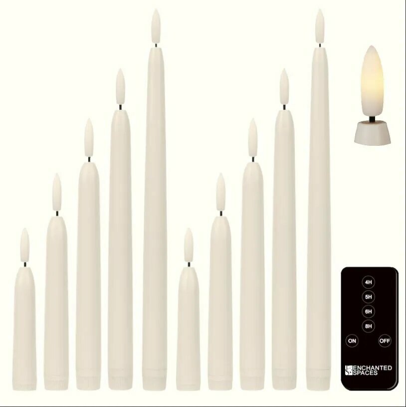 Комбинированные пластиковые декоративные светодиодные свечи, 10 штук, конусообразные свечи с дистанционным управлением, D2.2*18,23,26.8,33,38.3 см для рождественского свадебного ужина
