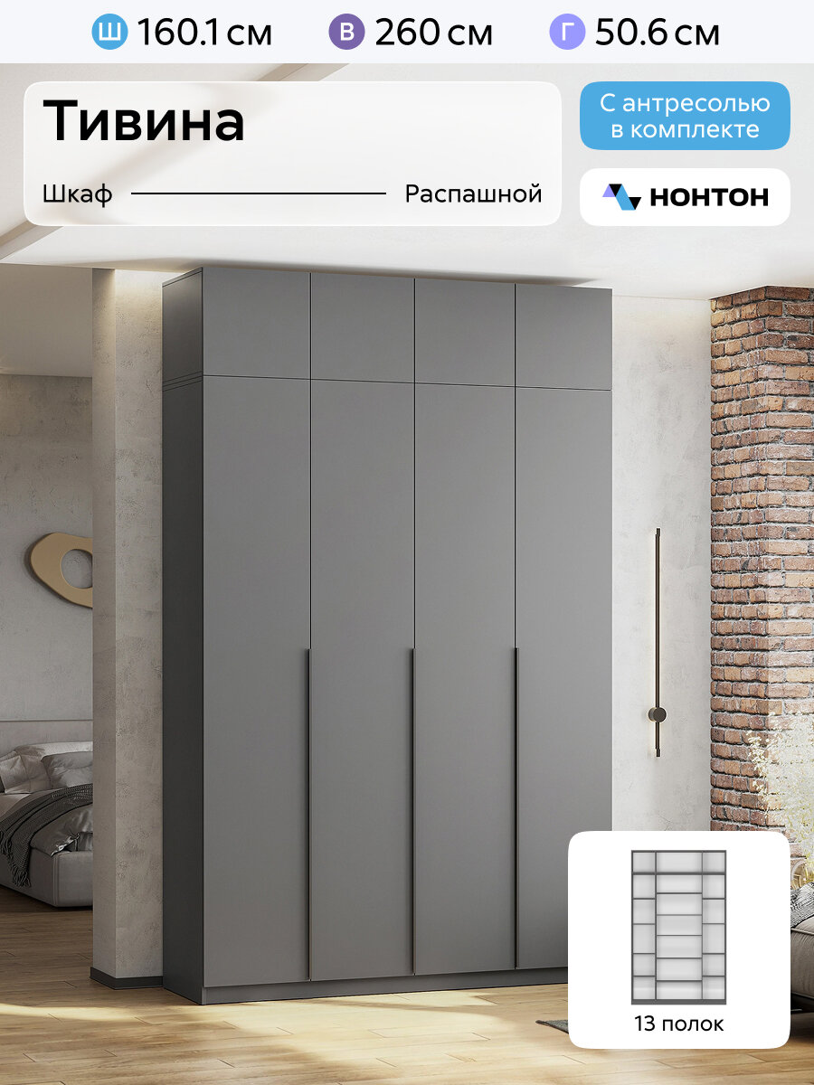 Шкаф для одежды распашной Нонтон Тивина, с антресолью, 160 см, 13 полок, графит серый