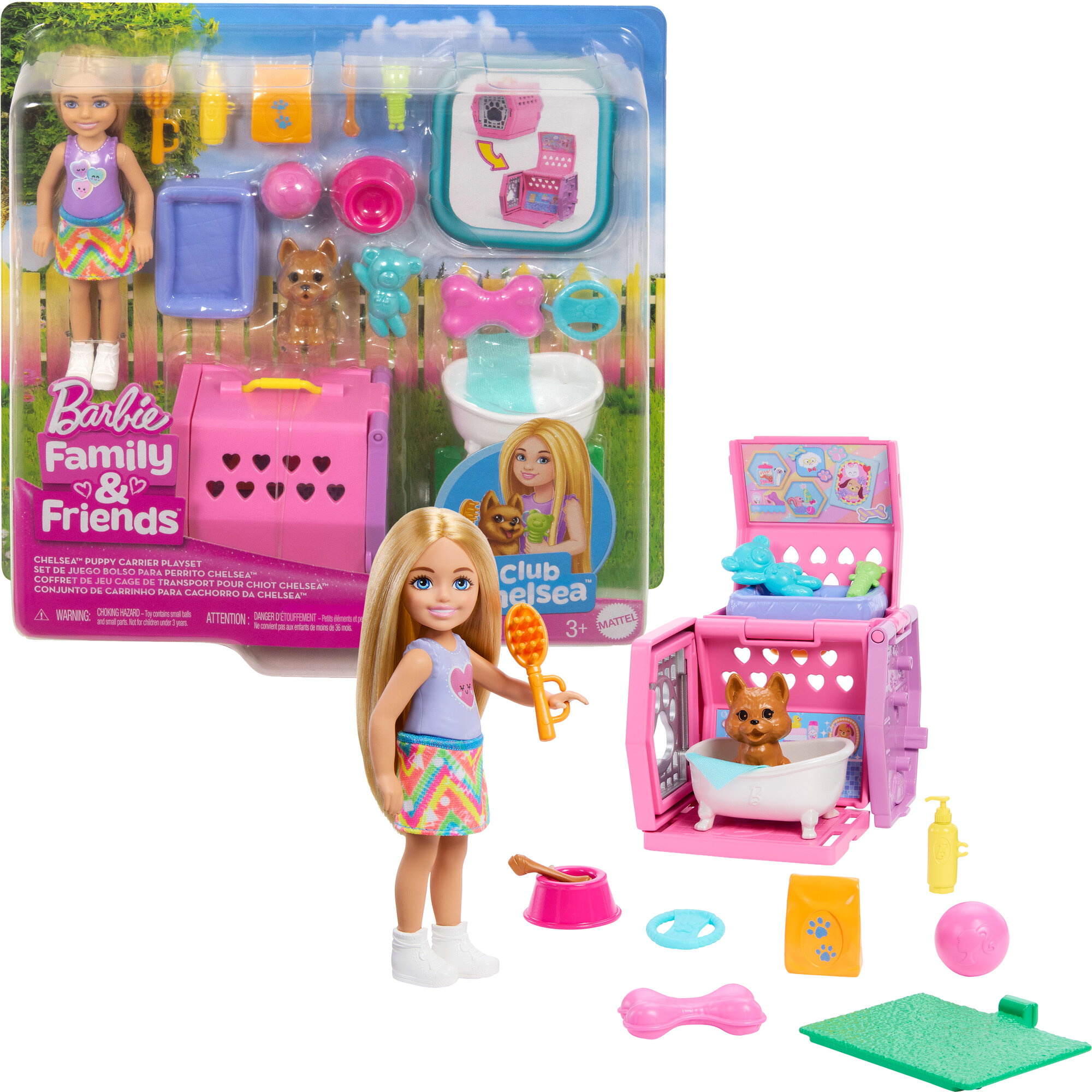 Игровой набор для переноски щенков Barbie Chelsea, маленькая кукла и переноска для собак с аксессуарами для щенков