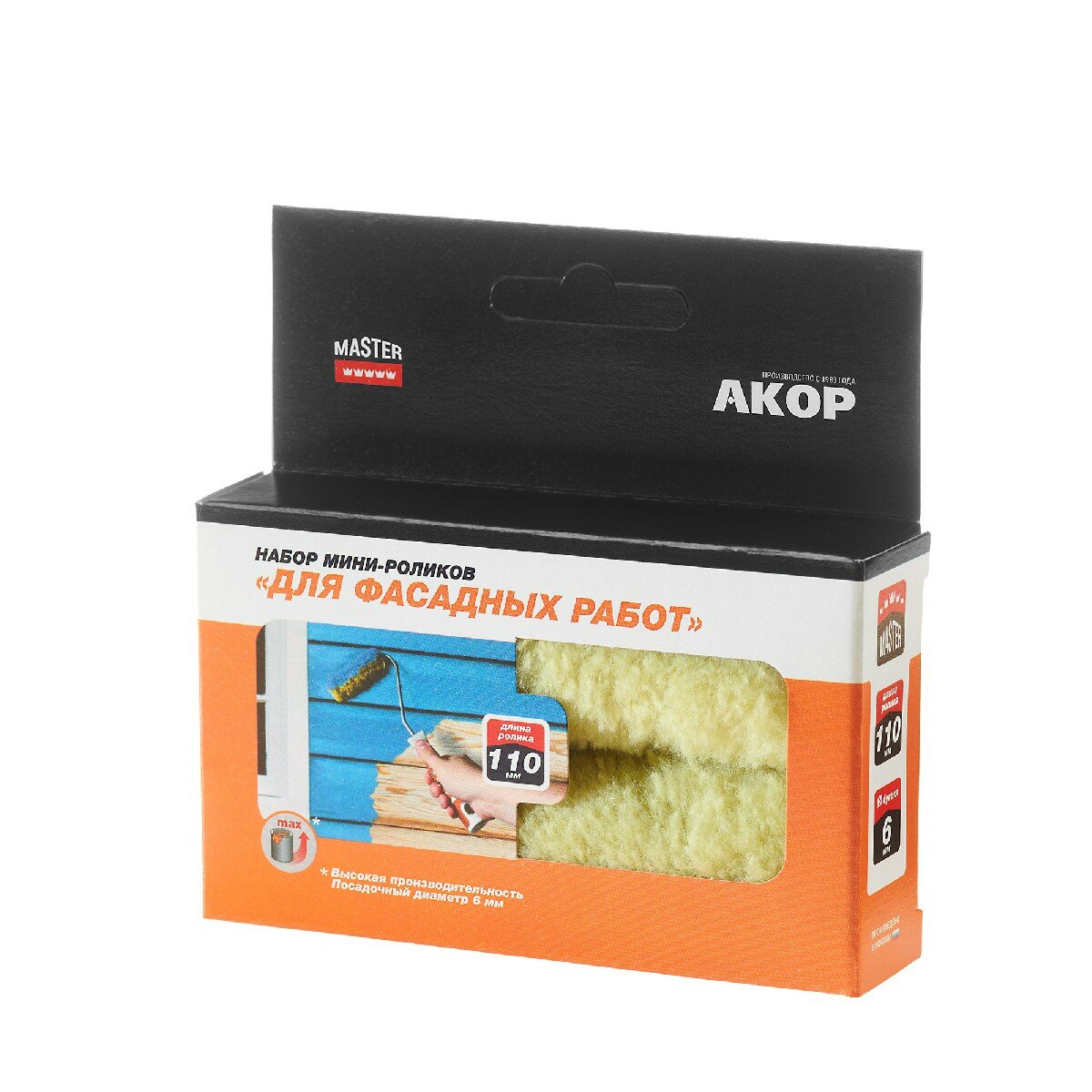 Мини-валик полиакриловый фасадный Акор Мастер, D40 x 110 мм, бюгель 6 мм, набор 2 шт