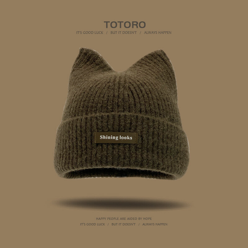 Японская милая вязаная шапка с кошачьими ушками для женщин, однотонная шерстяная шапка 2024, осенне-зимняя теплая и универсальная, приятная для кожи носка