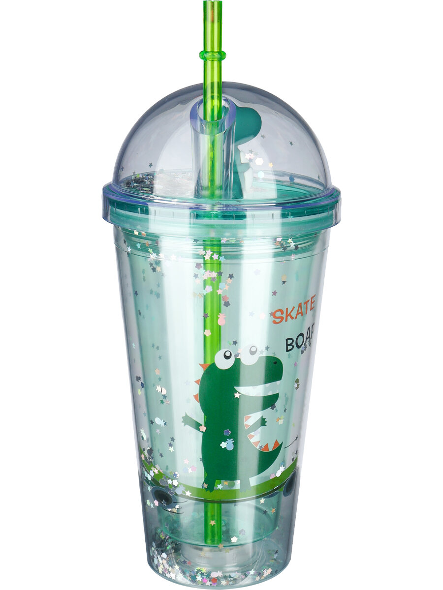 Стакан с трубочкой "Динозаврик и скейтборд", пластик, 450мл. СП-7271