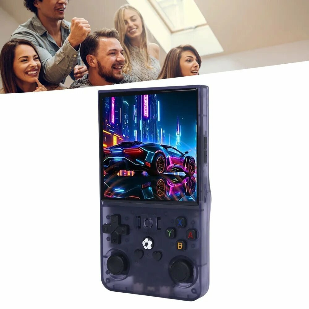 Combuy Портативная игровая консоль для Linux-системы, полупрозрачный серый экран 4 дюйма, разрешение 720x720, 4000 мАч, два джойстика, портативная ретро-видеоприставка для путешествий, 128 ГБ